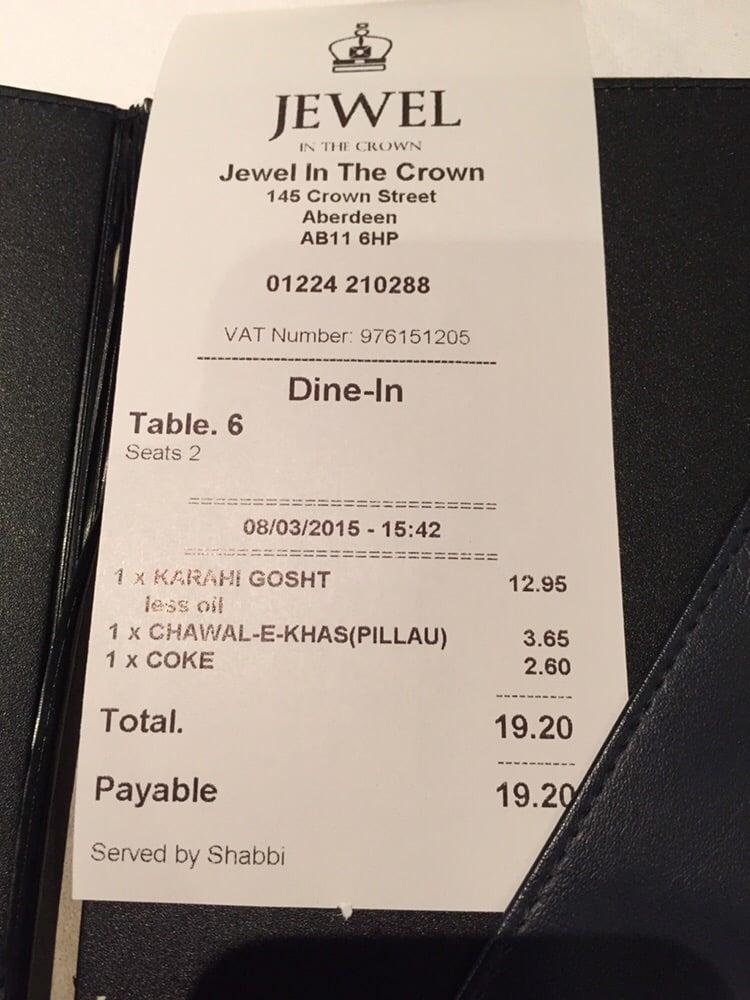 Menu at The Jewel in the Crown Aberdeen Indian Restaurant, Aberdeen