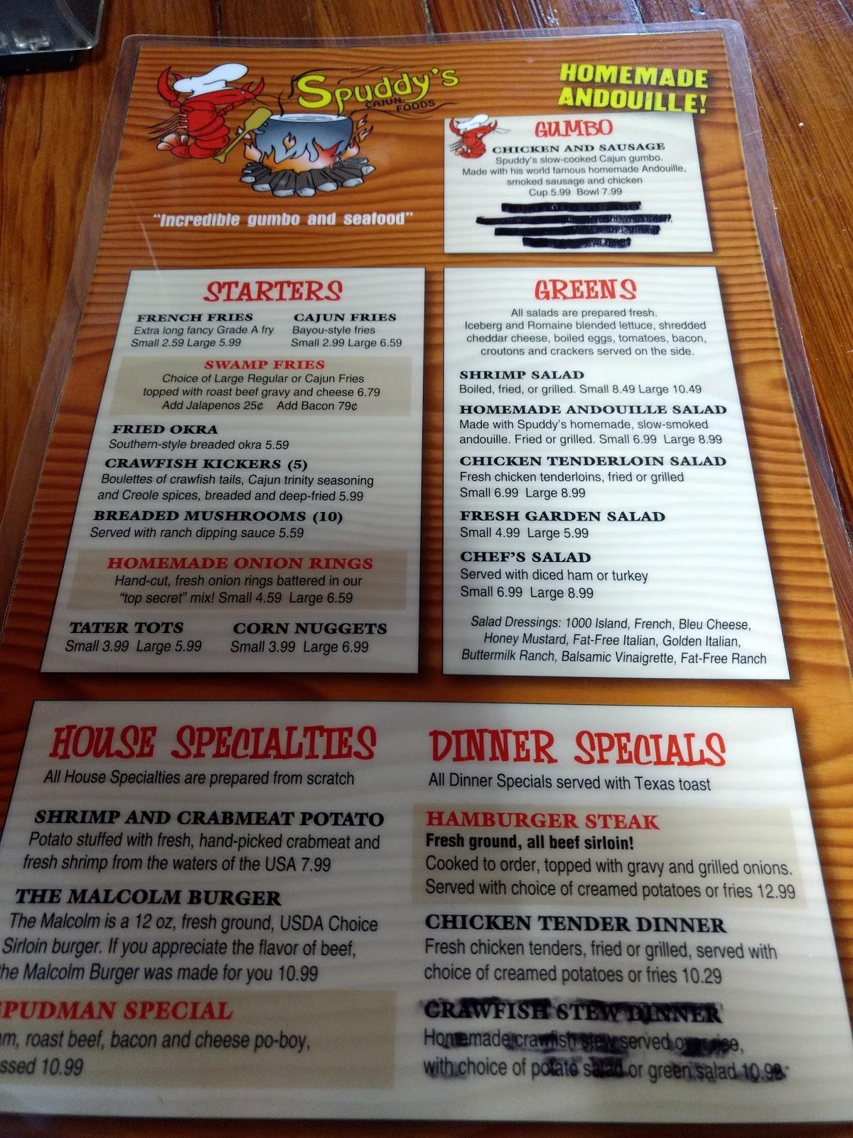 Menu at Spuddy's Cajun Foods restaurant, Vacherie