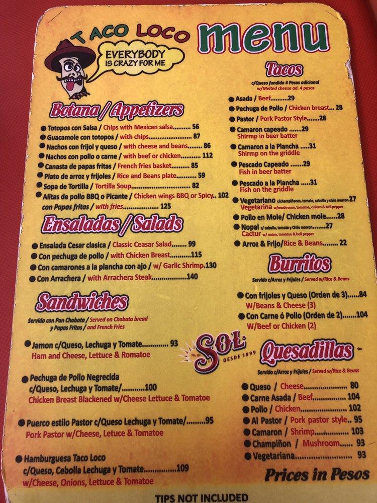 Menu at Taco Loco restaurant, Cabo San Lucas, Plaza de los Mariachis