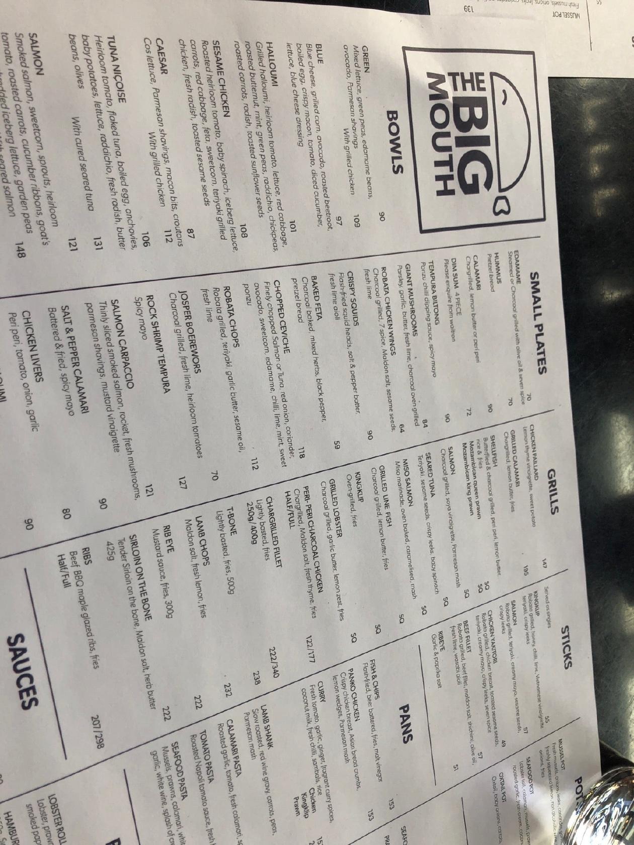 Menu at Big Mouth Restaurant sandton, Sandton
