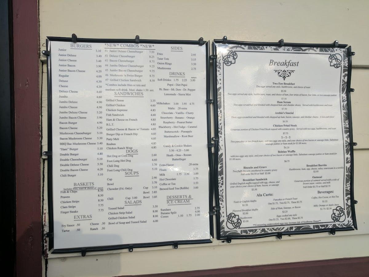 Menu at Bill & Bea's Drive In restaurant, Centralia