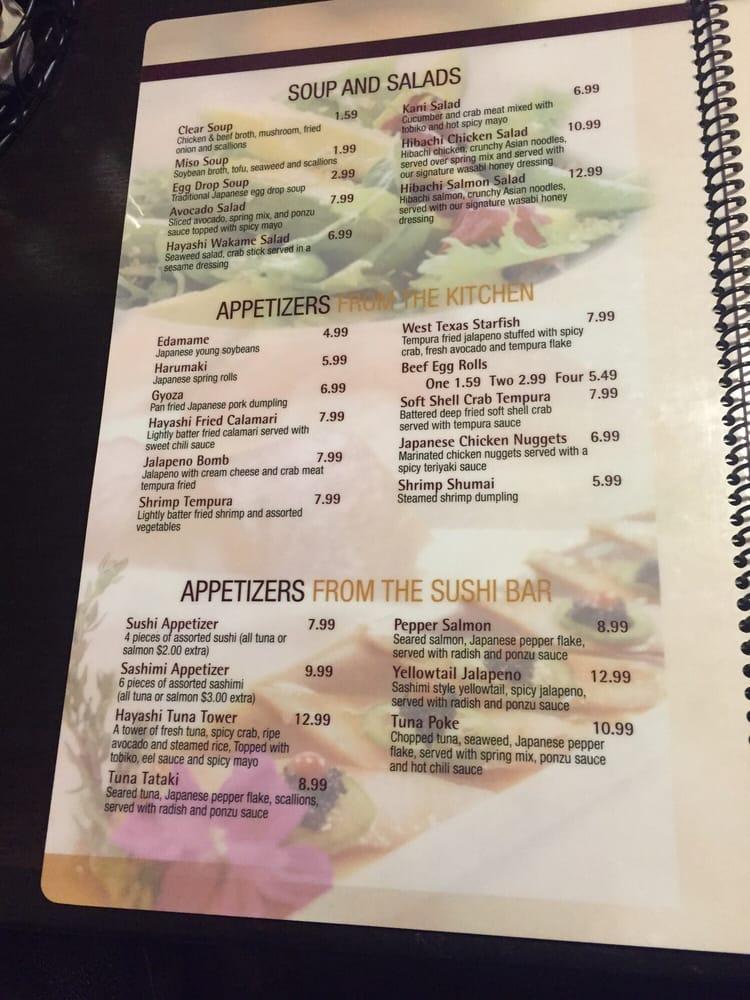 Menu at Hayashi Midtown restaurant, Lubbock, 19th St