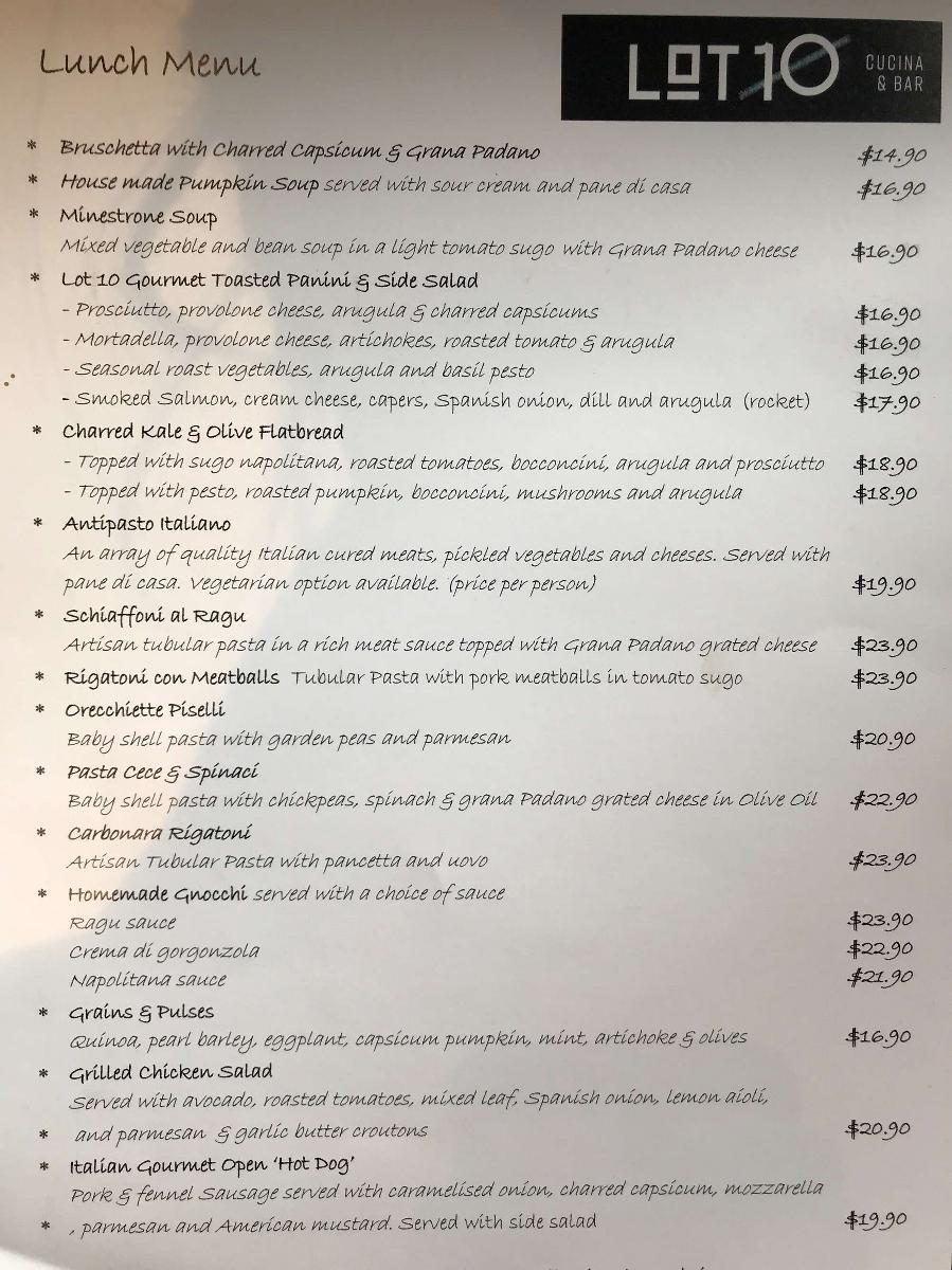 Menu at Lot 10 Cucina and Bar, Adelaide