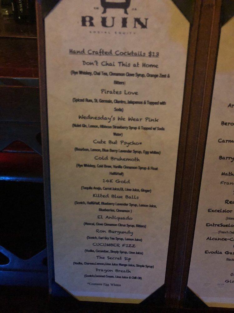 Menu at Ruin Bar, Costa Mesa