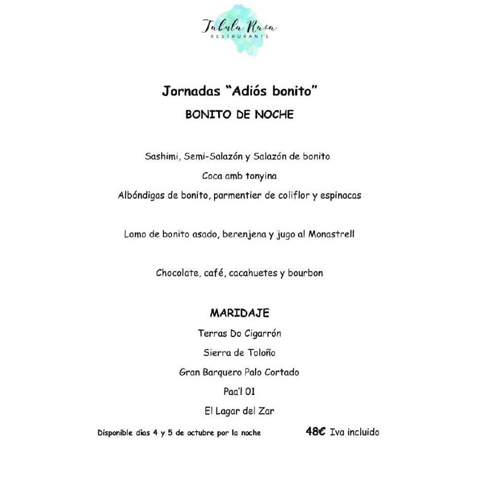 Carta del restaurante Tabula Rasa, Alicante, C. Alberola