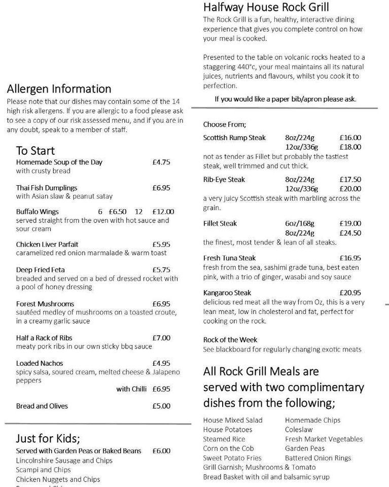 Menu at The Halfway House pub & bar, North Thoresby
