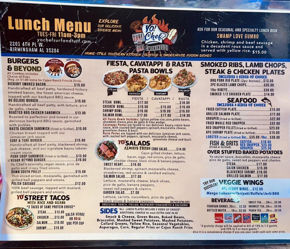 Menu at Yo Chef Surf and Turf Smokehouse restaurant, Birmingham