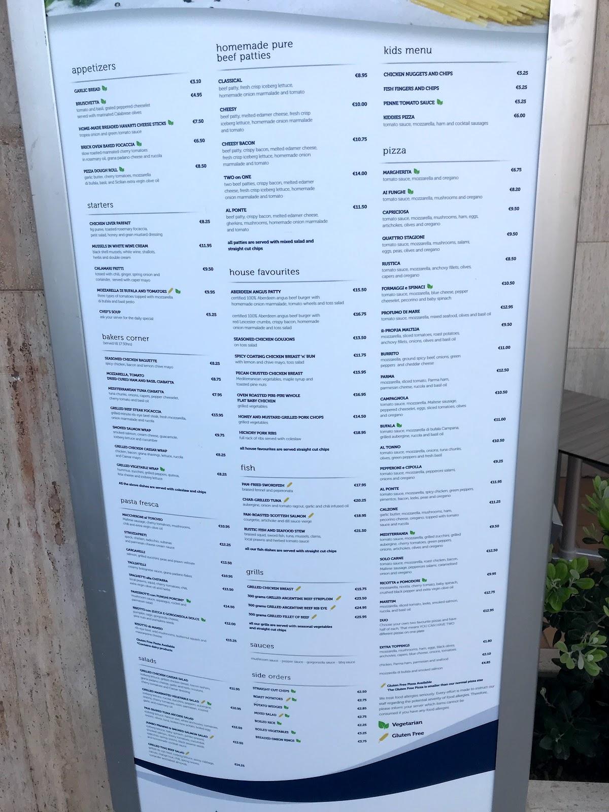 Menu at Al Ponte Restaurant & Pizzeria, Mellieha