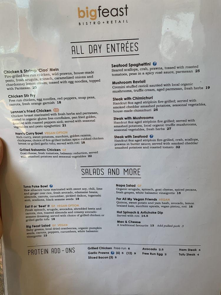 Menu at Big Feast Bistro cafe, Maple Ridge