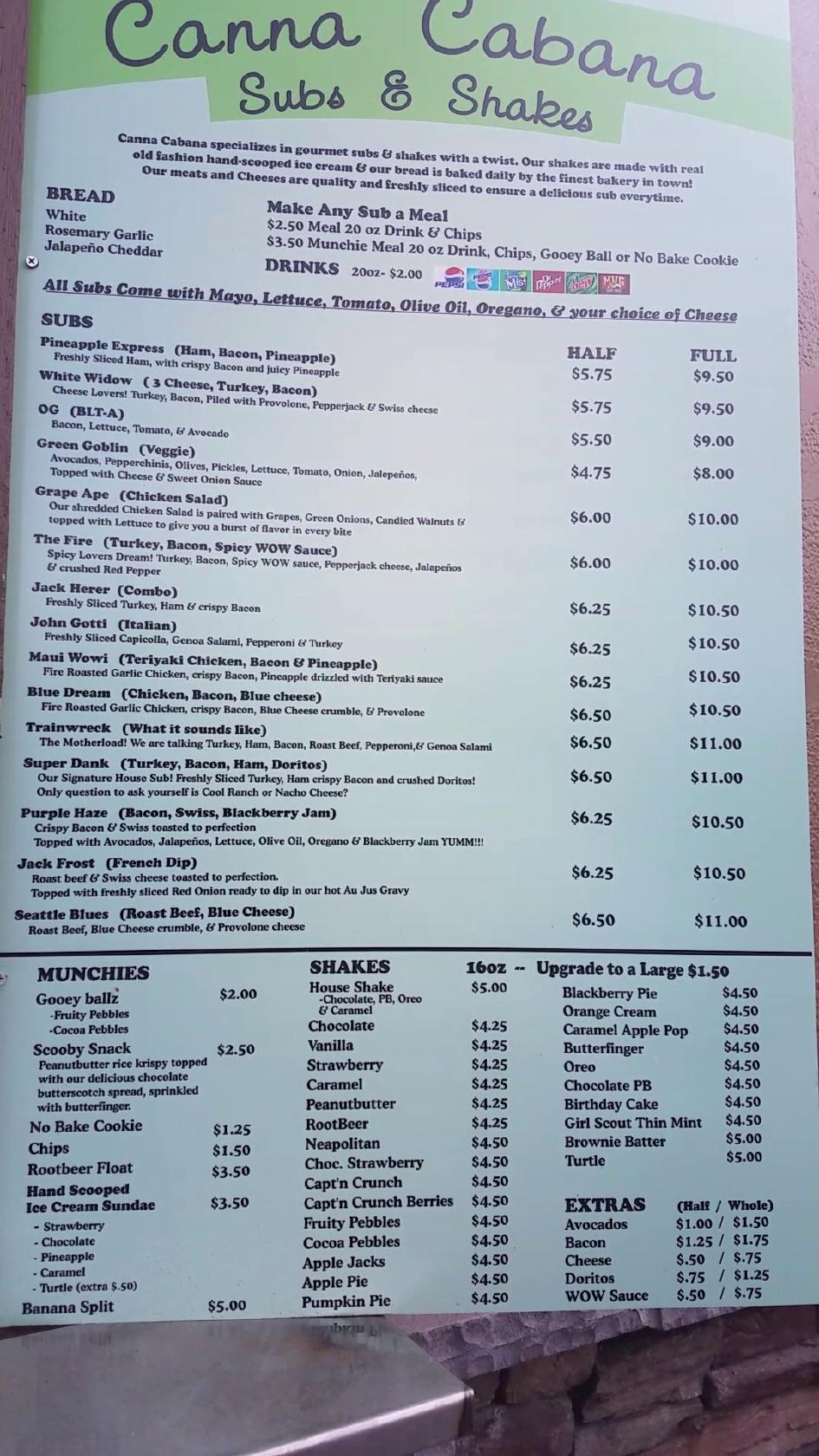 Carta del restaurante Canna Cabana Subs & Shakes, Lacey