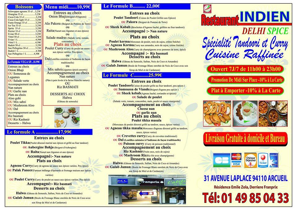 Menu at Delhi Spice restaurant, Arcueil