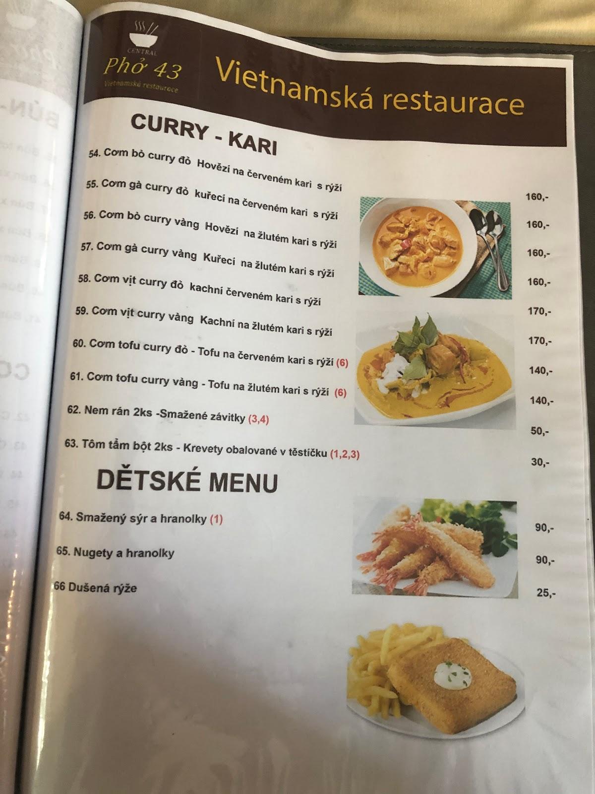 Menu at Pho 43 restaurant, Brno