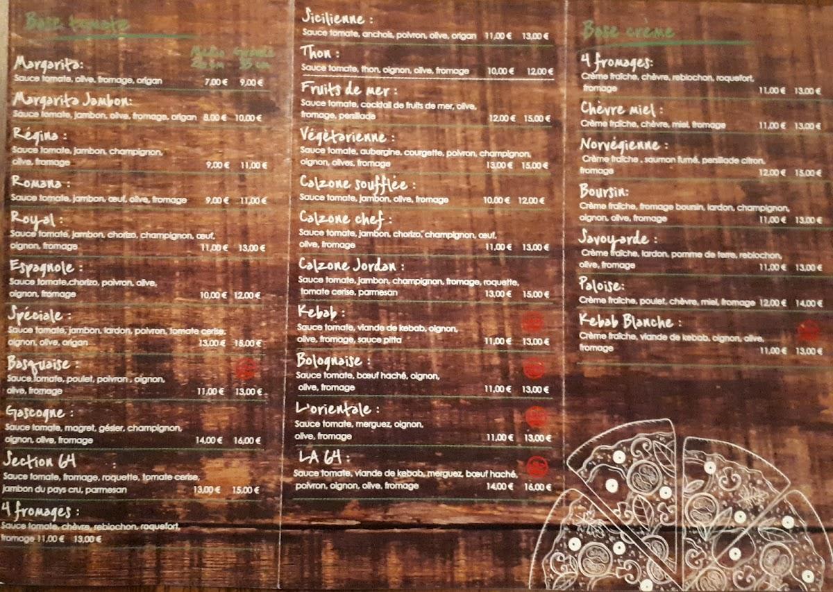 Menu at Pizza 64 restaurant, Pau, 18 Av. du Général de Gaulle