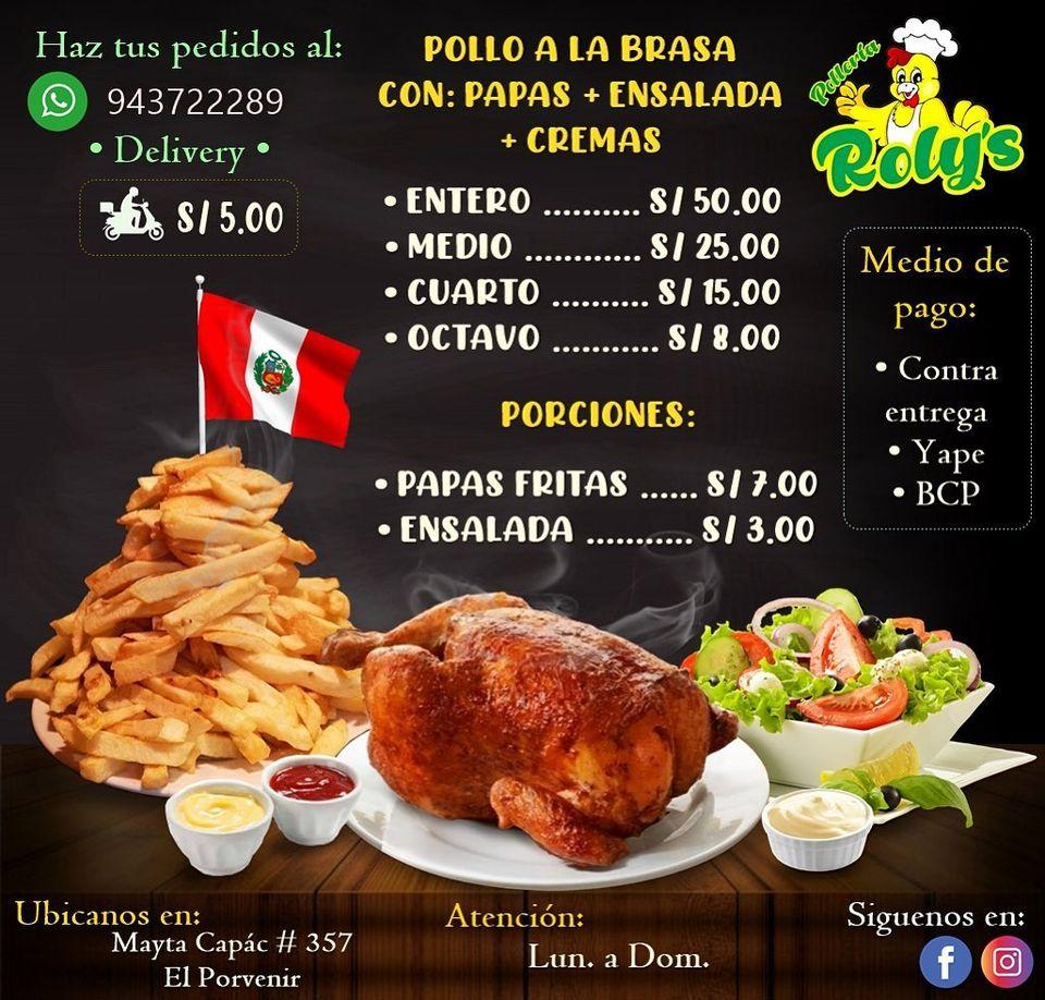 Menu at Pollería Roly's restaurant, Trujillo