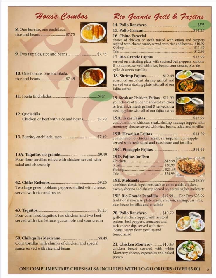 Menu at Rio Grande Mexican restauran /Purvis ms restaurant, Purvis