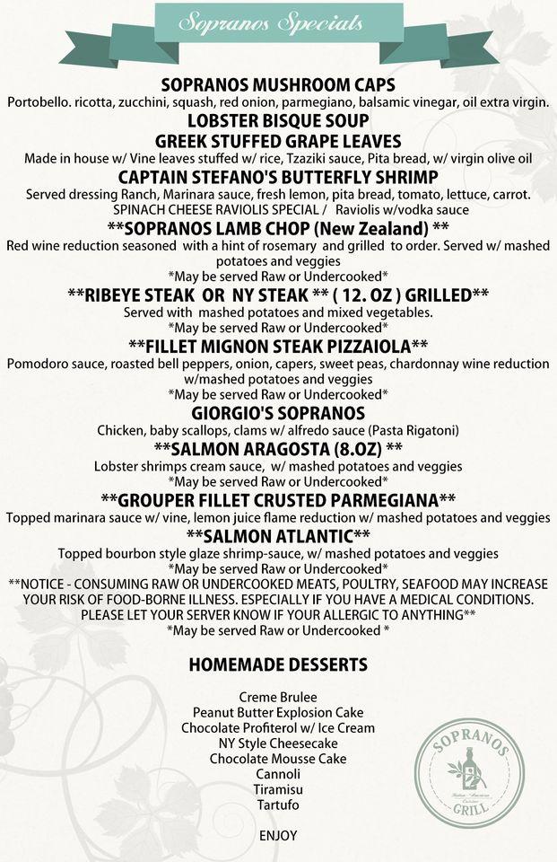 Menu at Sopranos Grill restaurant, Raleigh, N Rogers Ln STE 101