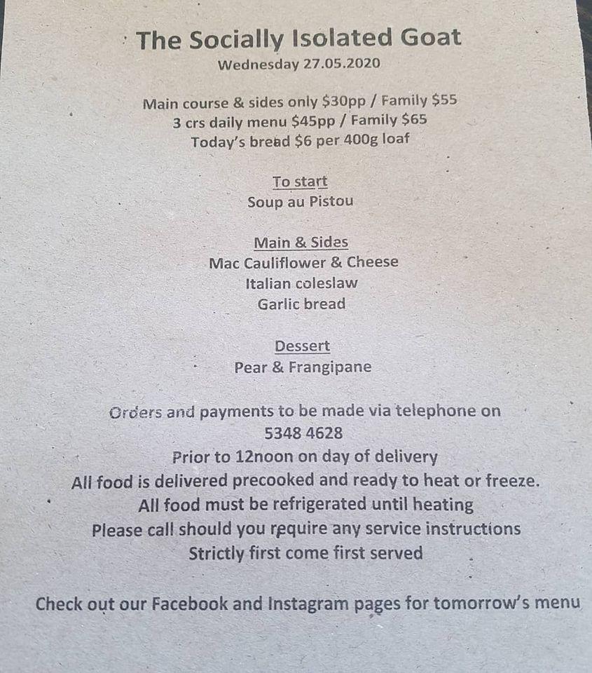 Menu at The Surly Goat restaurant, Hepburn Springs