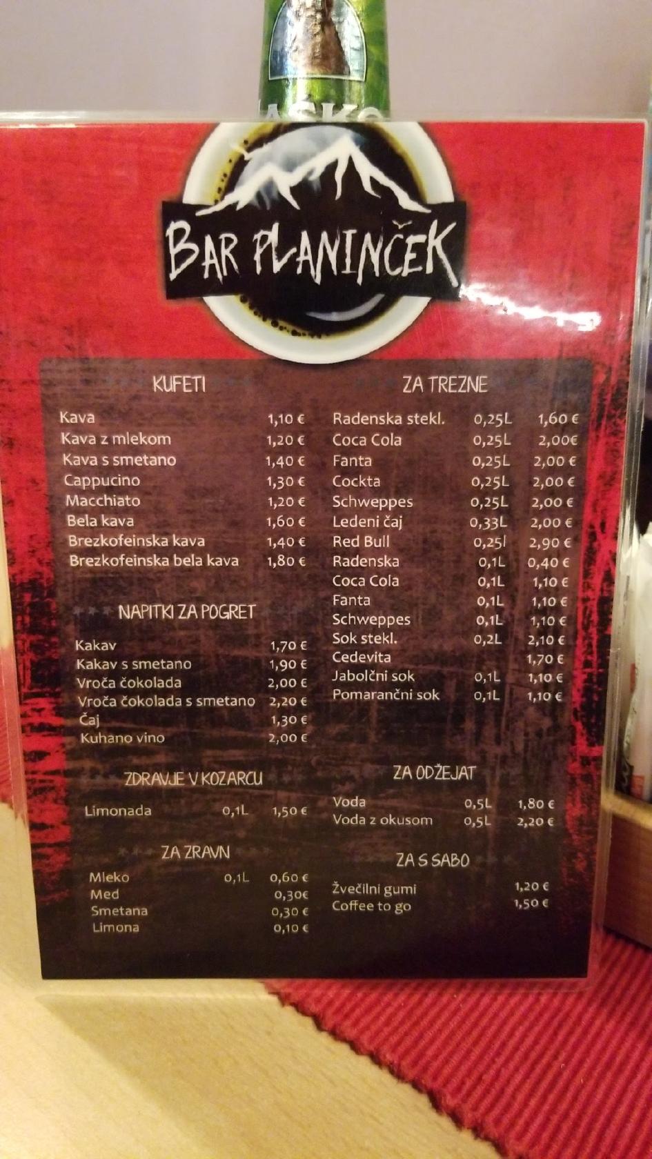Speisekarte von Bar Planinček, BLED, Bled