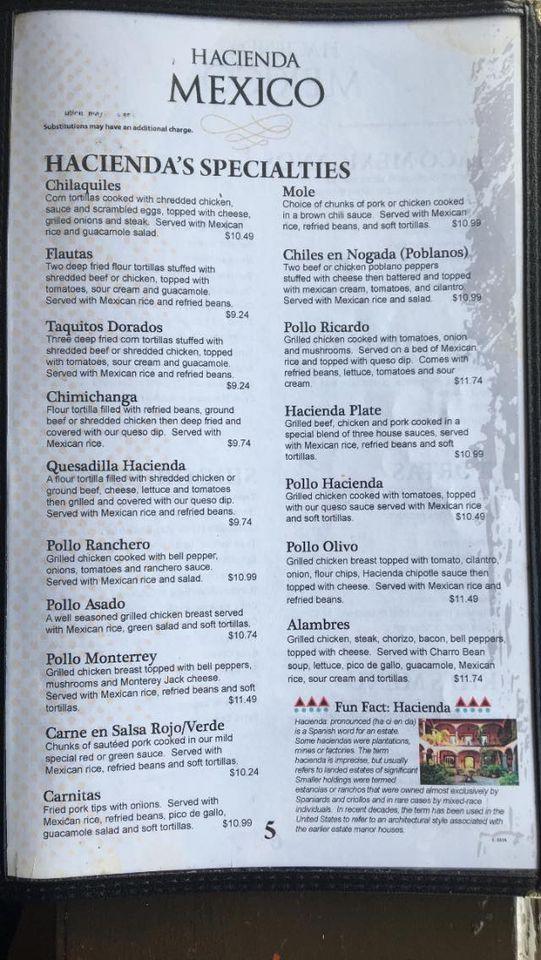 Menu at Hacienda Mexico restaurant, Bartow