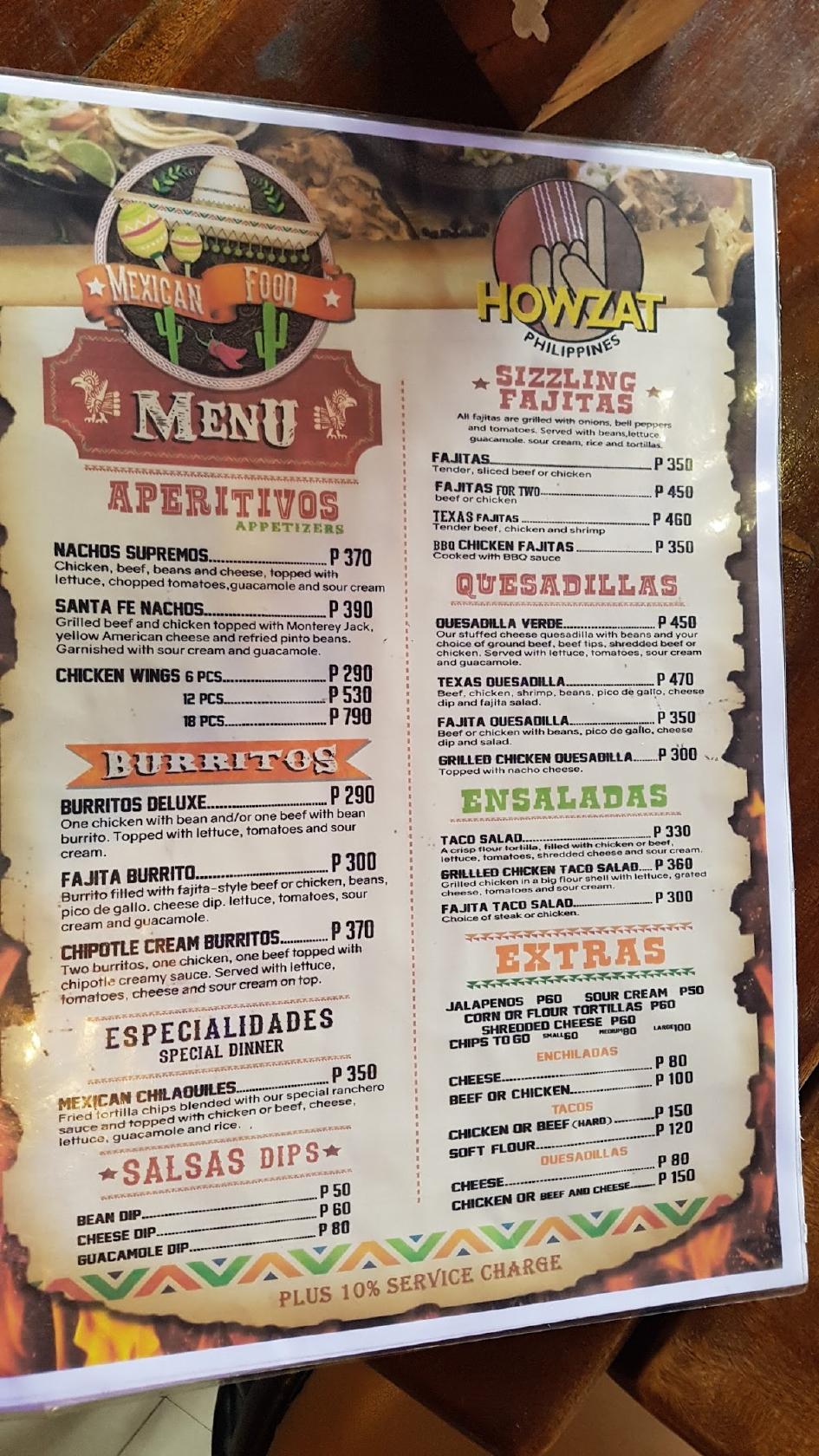 Menu at Howzat Sports Bar, Makati