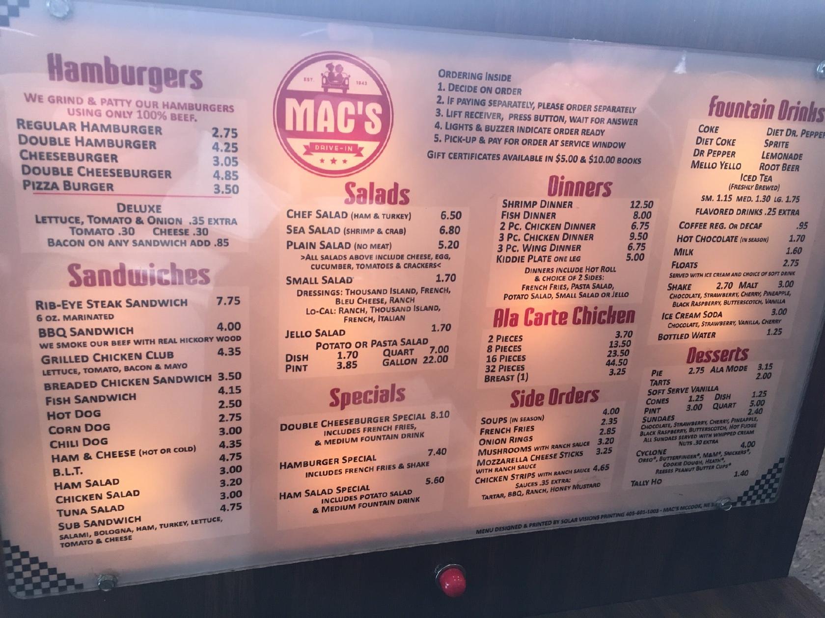 Menu at Mac's Drive-In restaurant, McCook