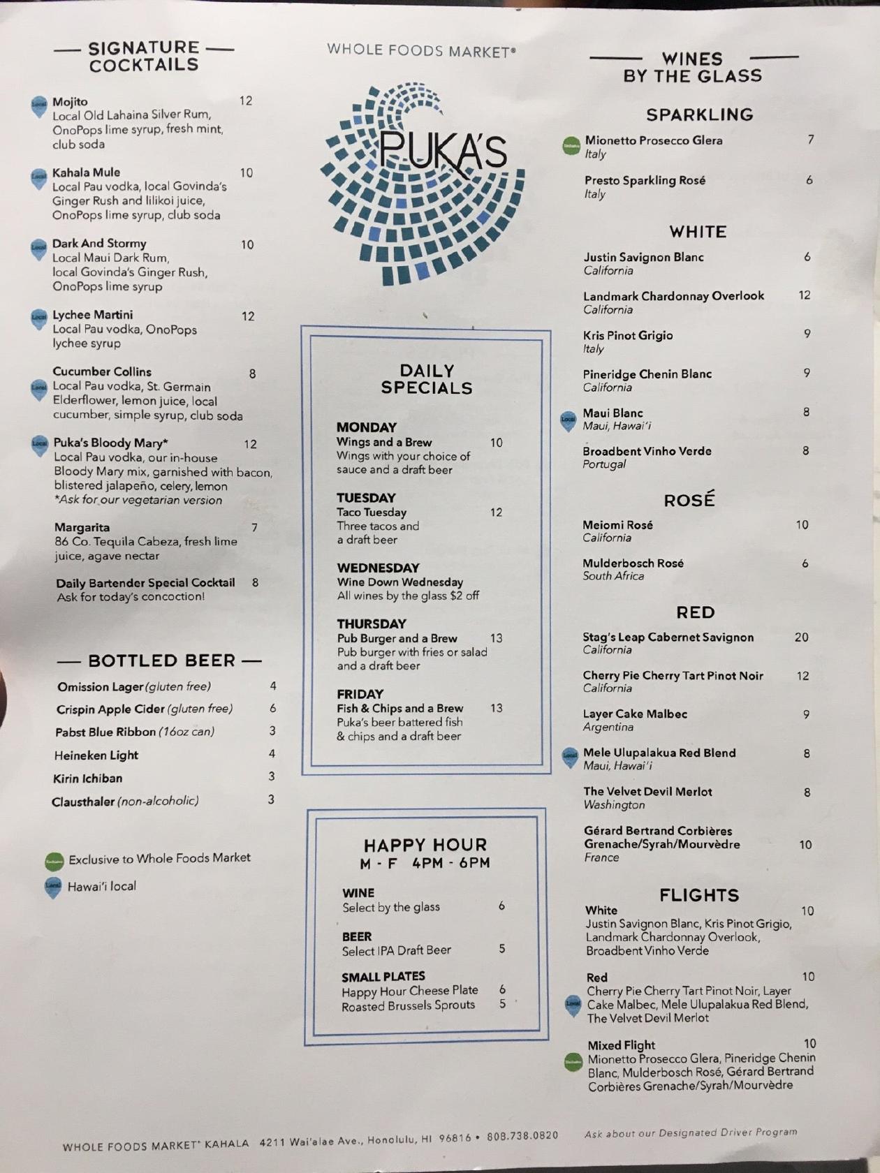 Menu at Puka's pub & bar, Honolulu