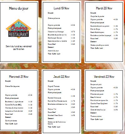 Menu at Restaurant Opéra, La Pocatière