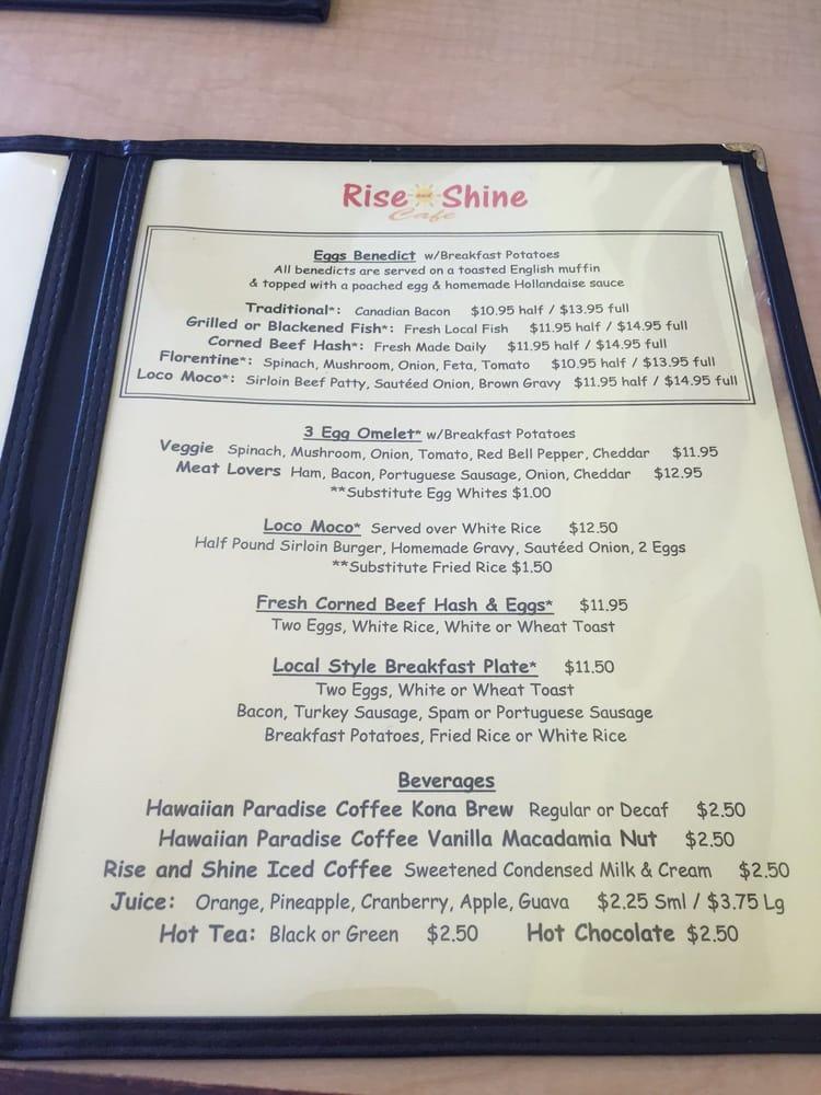 Menu at Rise and Shine Cafe, Mililani