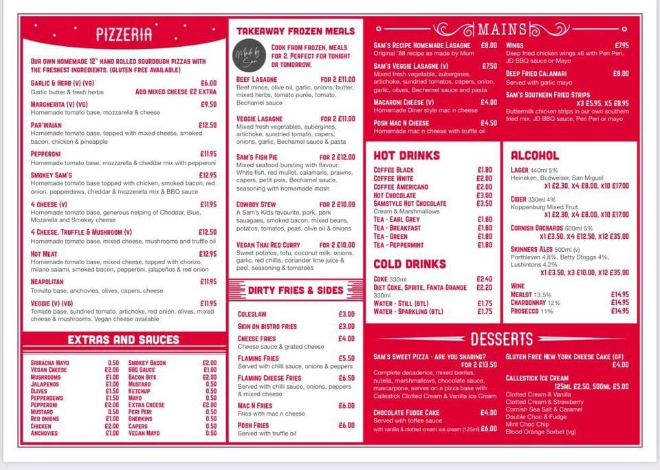Menu at Sam's Fowey restaurant, Fowey, 20 Fore St