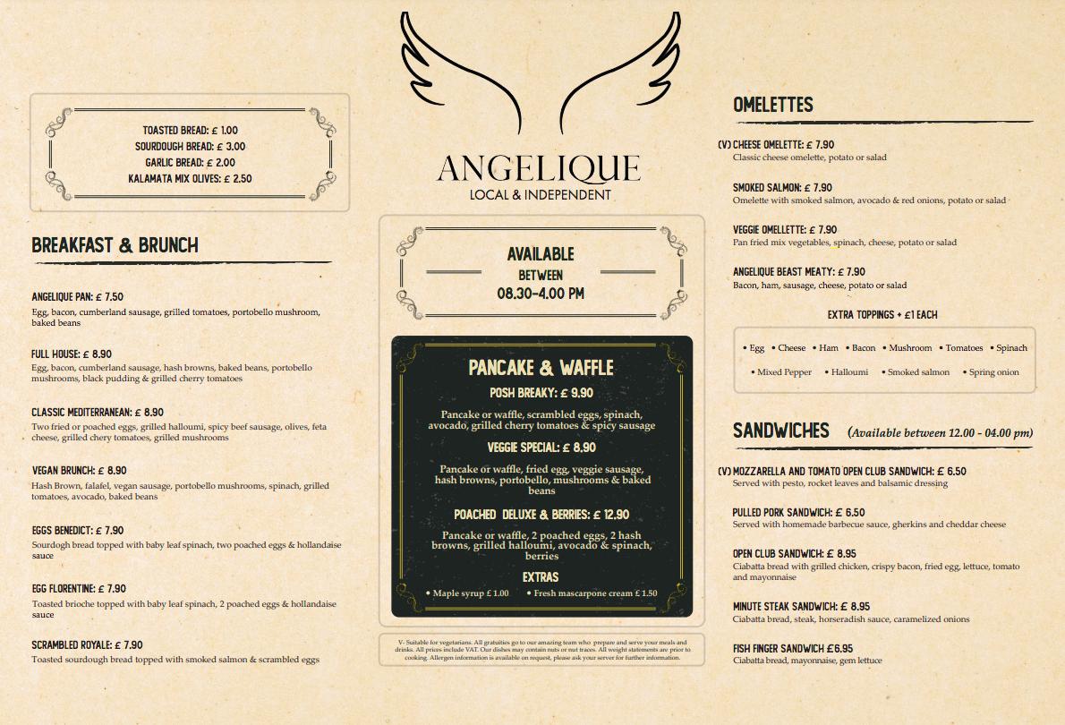 Menu at Angelique restaurant, Stevenage, 124-126 High St
