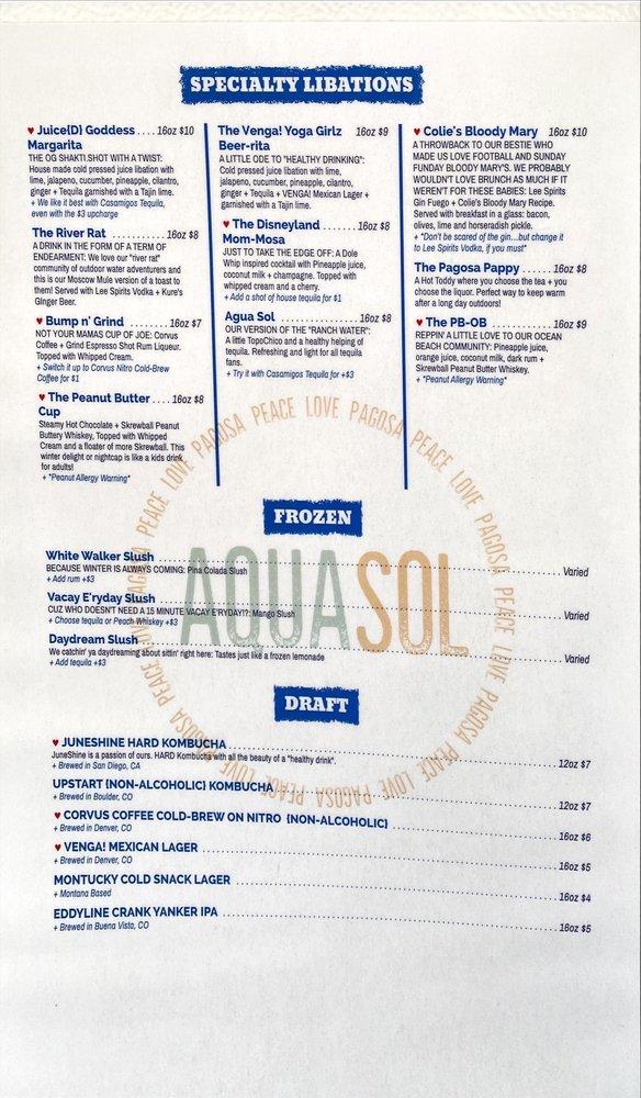 Menu at AquaSol Waterfront Eatery + Bar, Pagosa Springs