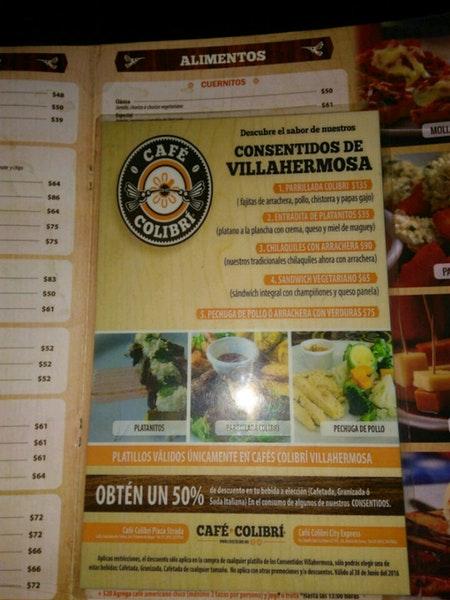 Carta de Café Colibrí Villahermosa, Villahermosa