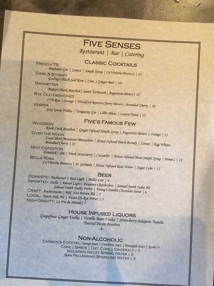 Menu at Five Senses Restaurant, Bar & Catering, Murfreesboro