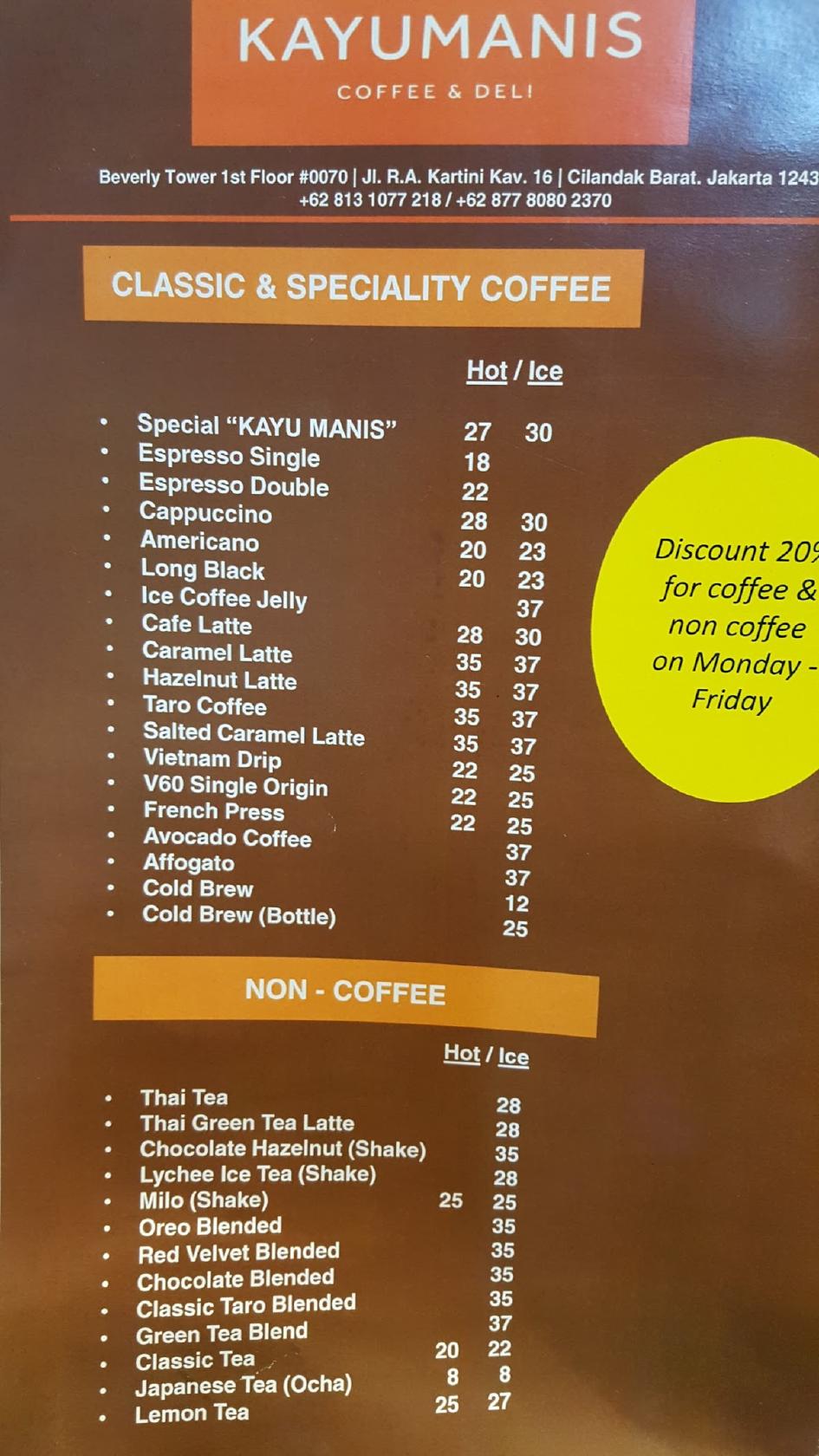 Menu at KAYU MANIS Coffee & Deli cafe, Central Jakarta