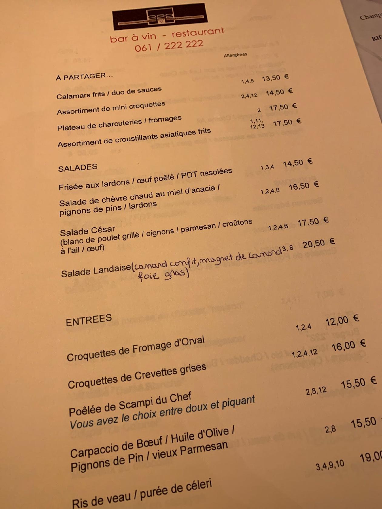 Menu au Bar a Vin - Restaurant Le 222, Bastogne