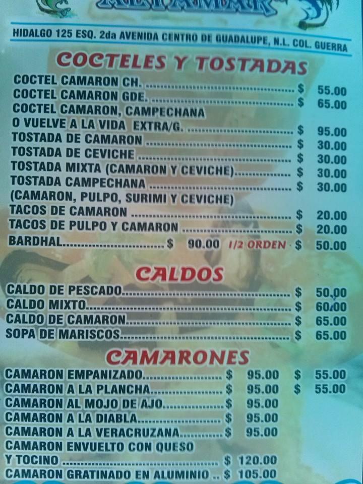 Menu at Mariscos Altamar restaurant, Guadalupe