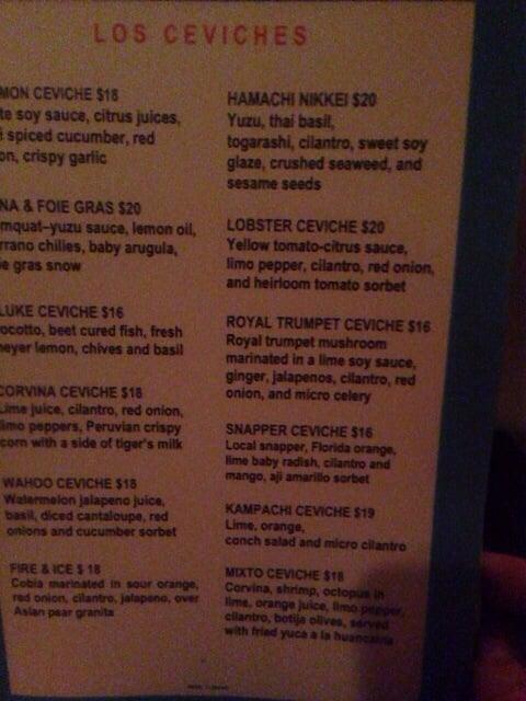Menu at OLA Restaurant, Miami Beach