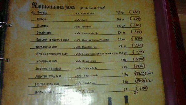 Menu at Restoran Djedovina restaurant, Žabljak