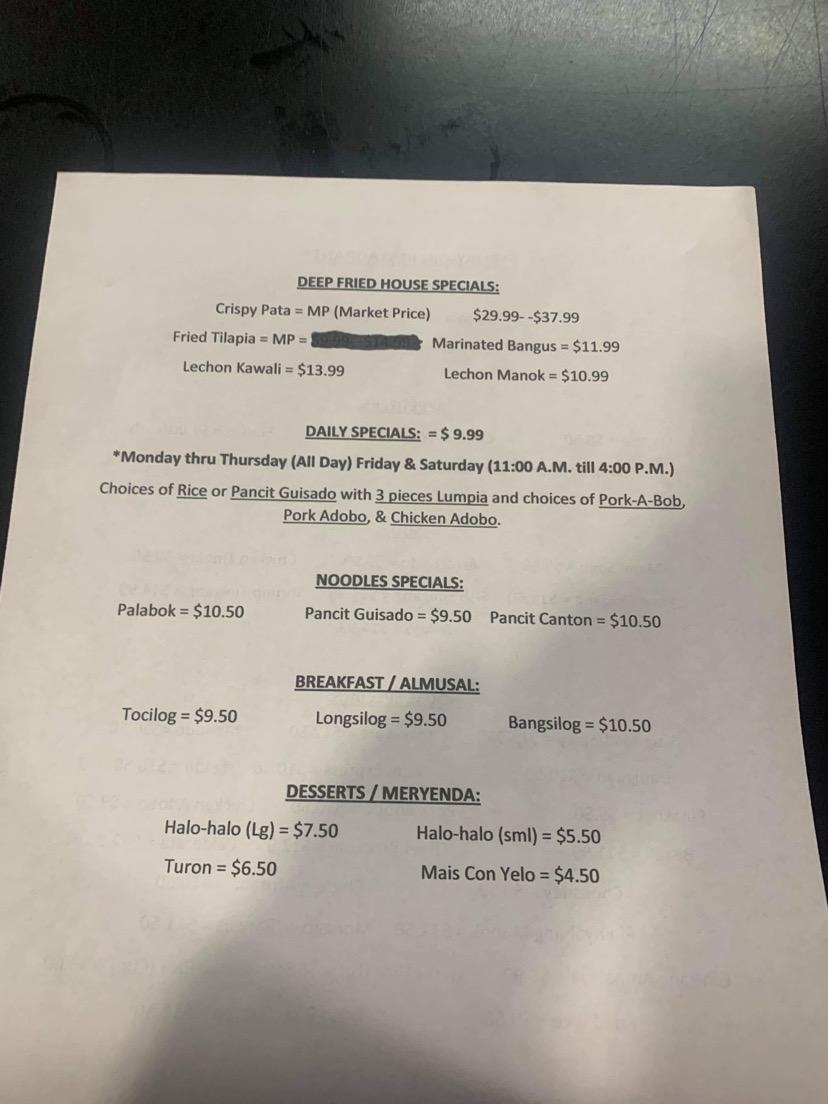 Menu at Ruby-Gin Filipino Restaurant, Pensacola, 2 N Old Corry Field Rd
