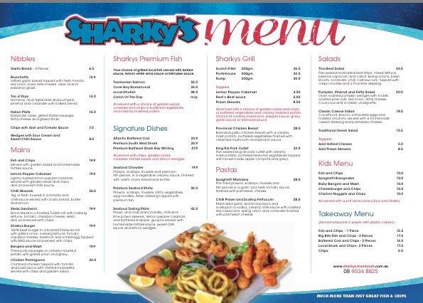 Menu at Sharky's Fish & Chips cafe, Mandurah
