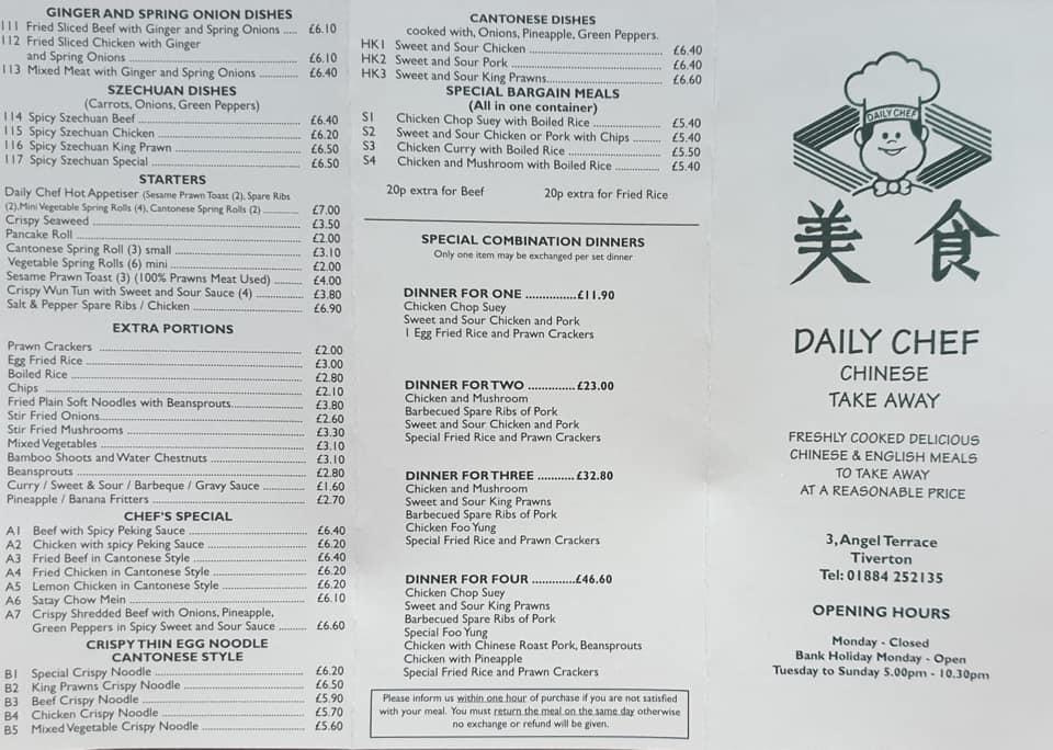 Menu at Daily Chef Chinese fast food, Tiverton