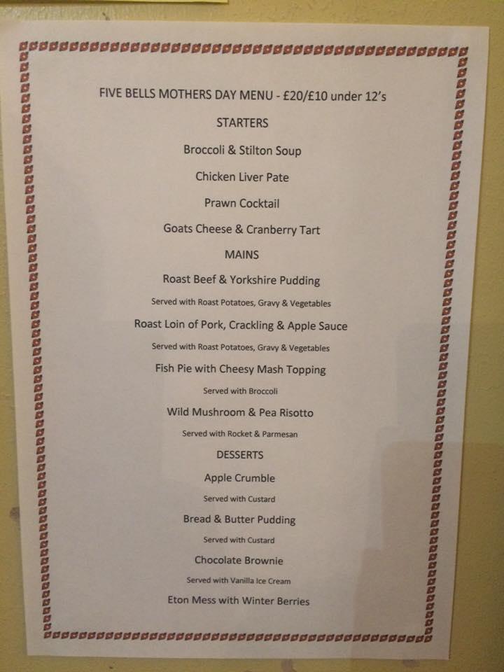 Menu at Five Bells Inn Wrentham pub & bar, Wrentham