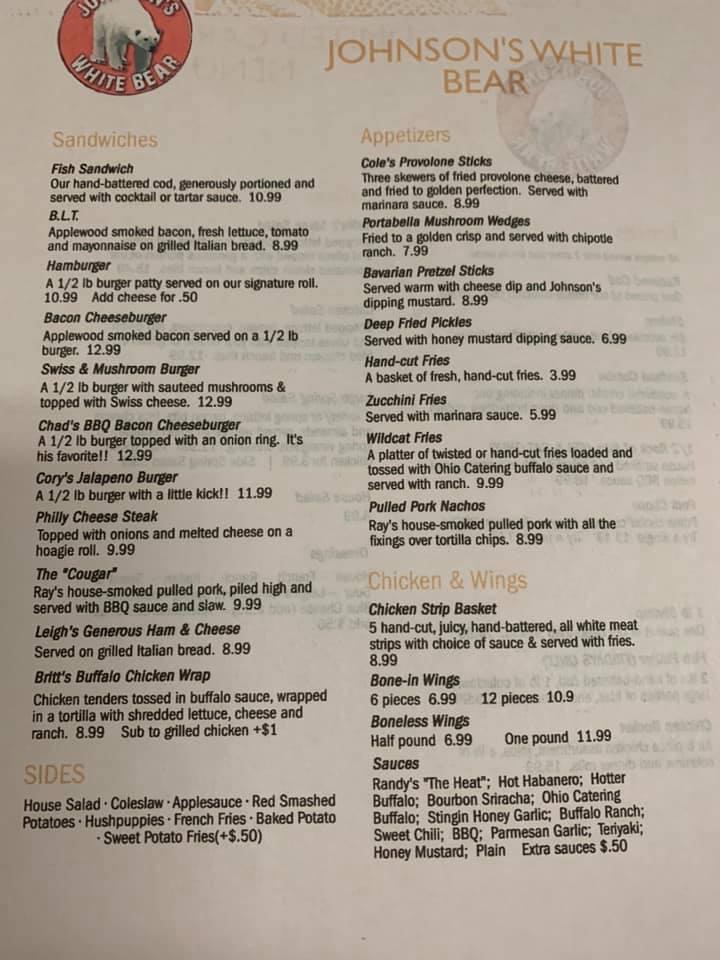 Menu at Johnson's White Bear Inn steakhouse, East Springfield