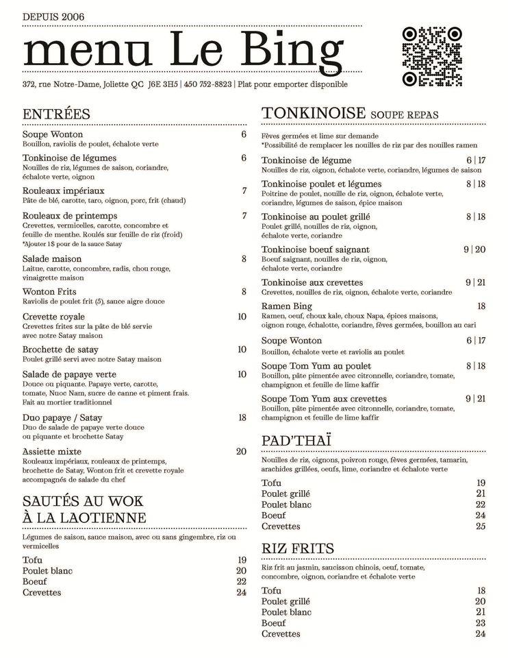Menu au Le Bing restaurant, Joliette