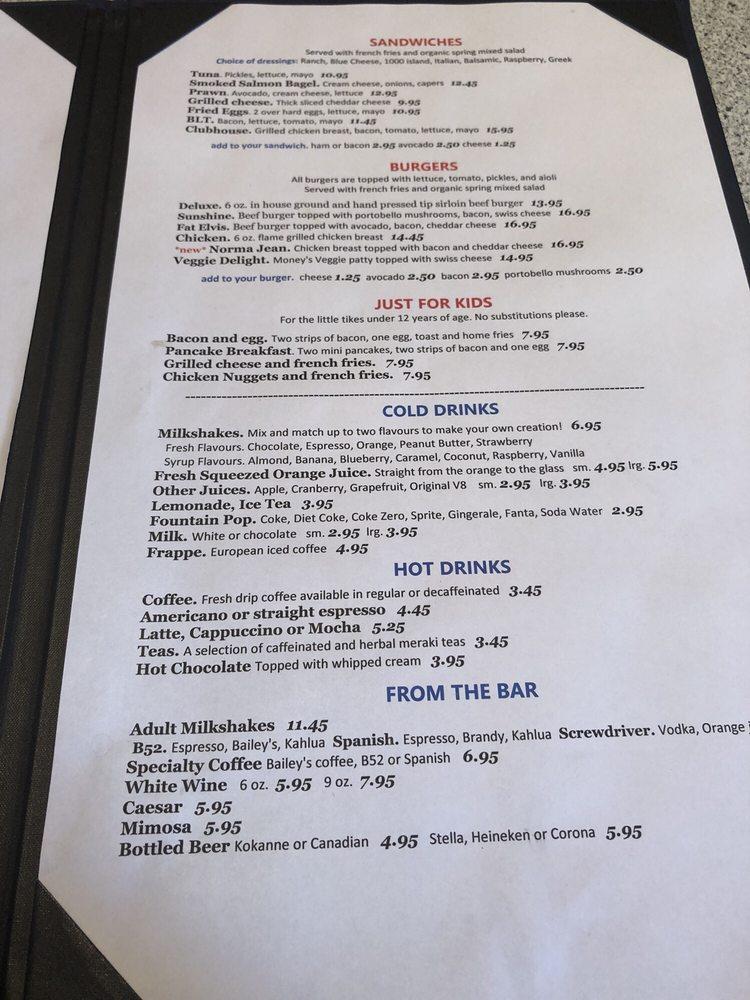 Menu at Sunshine Diner restaurant, Vancouver