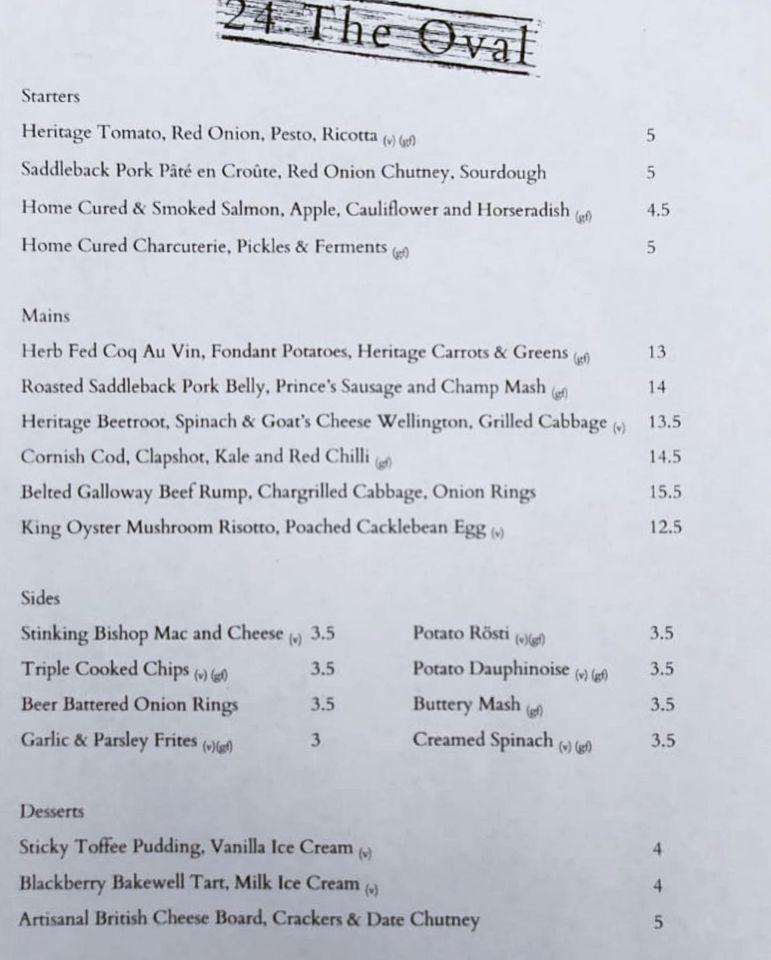 Menu at 24 The Oval pub & bar, London