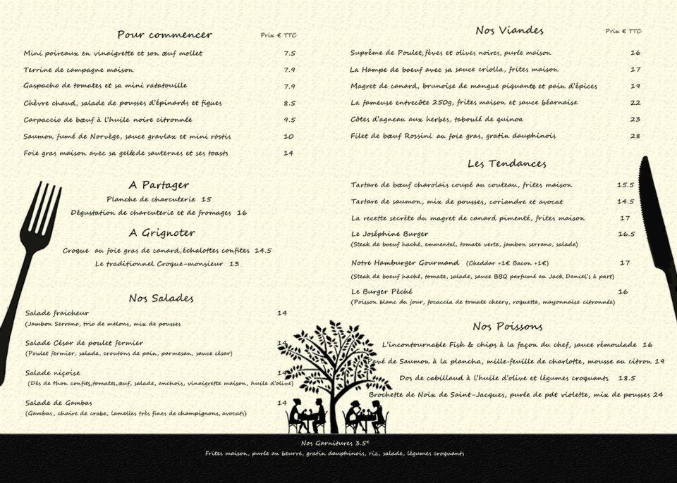 Menu at Chez Joséphine restaurant, Paris, 6 Pl. du Marché Sainte-Catherine