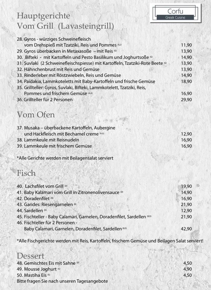 Carta del restaurante Corfu Greek Cuisine, Sarrebruck