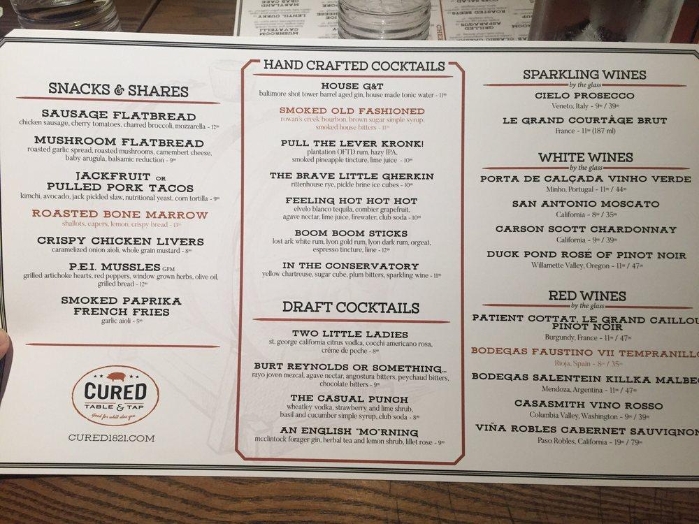 Menu at Cured Table & Tap pub & bar, Columbia