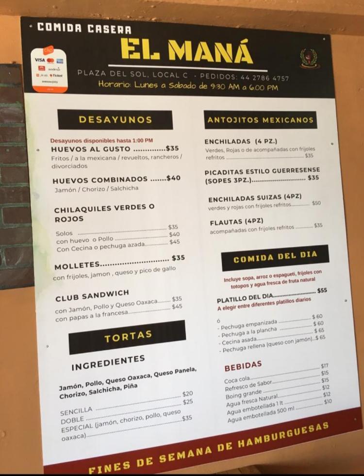 Menu at El Maná restaurant, Santiago de Querétaro, Plaza del sol Local C